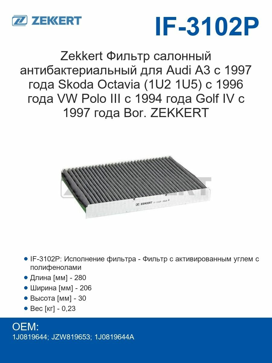 Zekkert Фильтр салонный антибактериальный для Audi A3 с 1997 года Skoda Octavia (1U2 1U5) с 1996 года VW Polo III с 1994 года Golf IV с 1997 года Bor. ZEKKERT