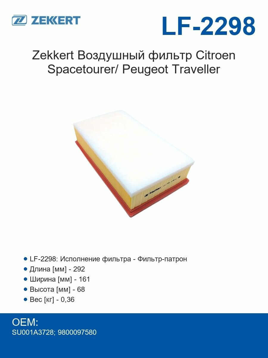 Zekkert Воздушный фильтр Citroen Spacetourer/ Peugeot Traveller