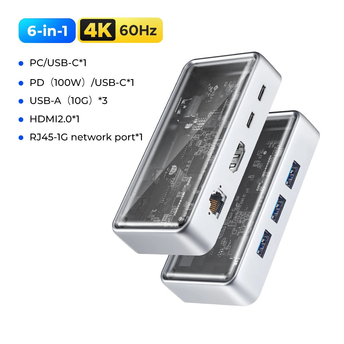 ORICO Metallic USB C Док-станция 10 Гбит/с 6in1 4K 60HZ PD100W