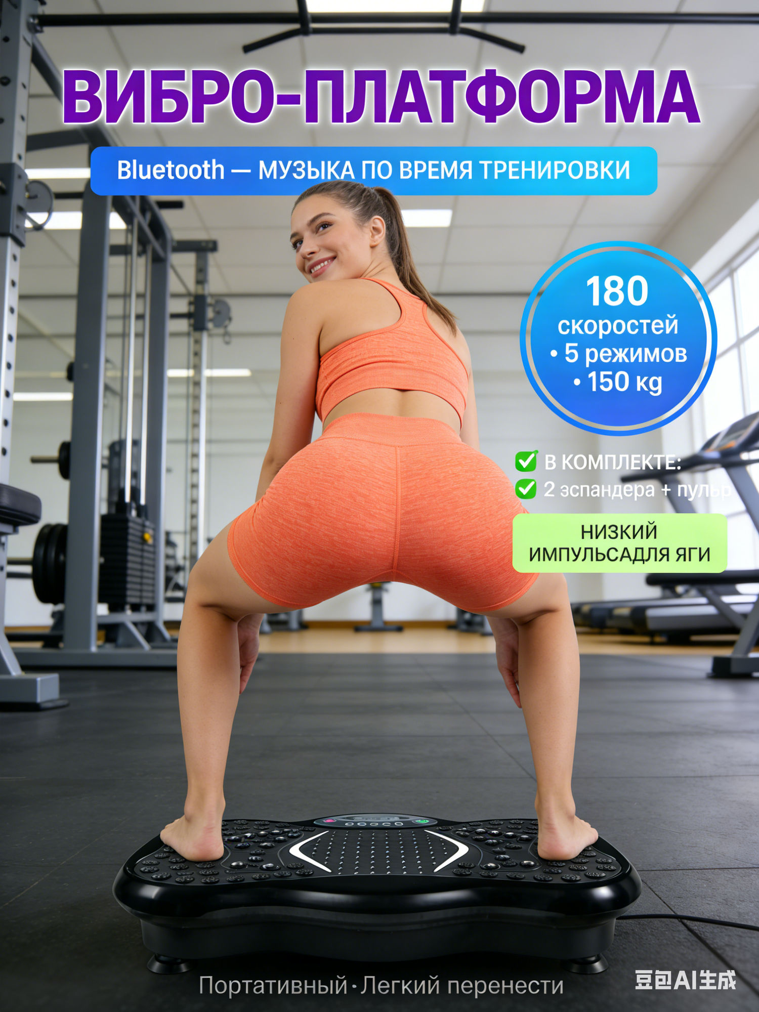 Виброплатформа для похудения, тренажёр для занятий дома, 99 скоростей, эспандеры 2 шт, черный с Bluetooth