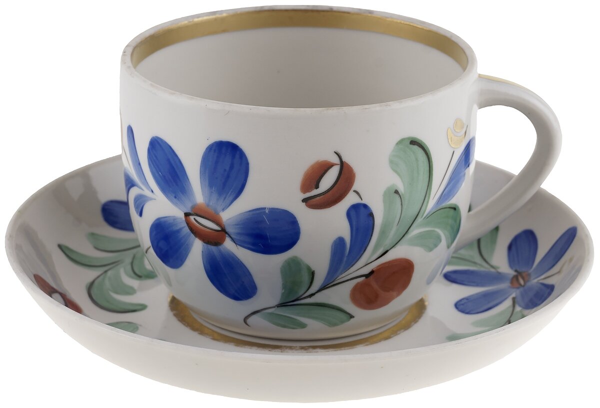 Чайная пара "Синие цветы", Фарфор, винтаж, Вербилки, СССР, 1954-1965 гг.