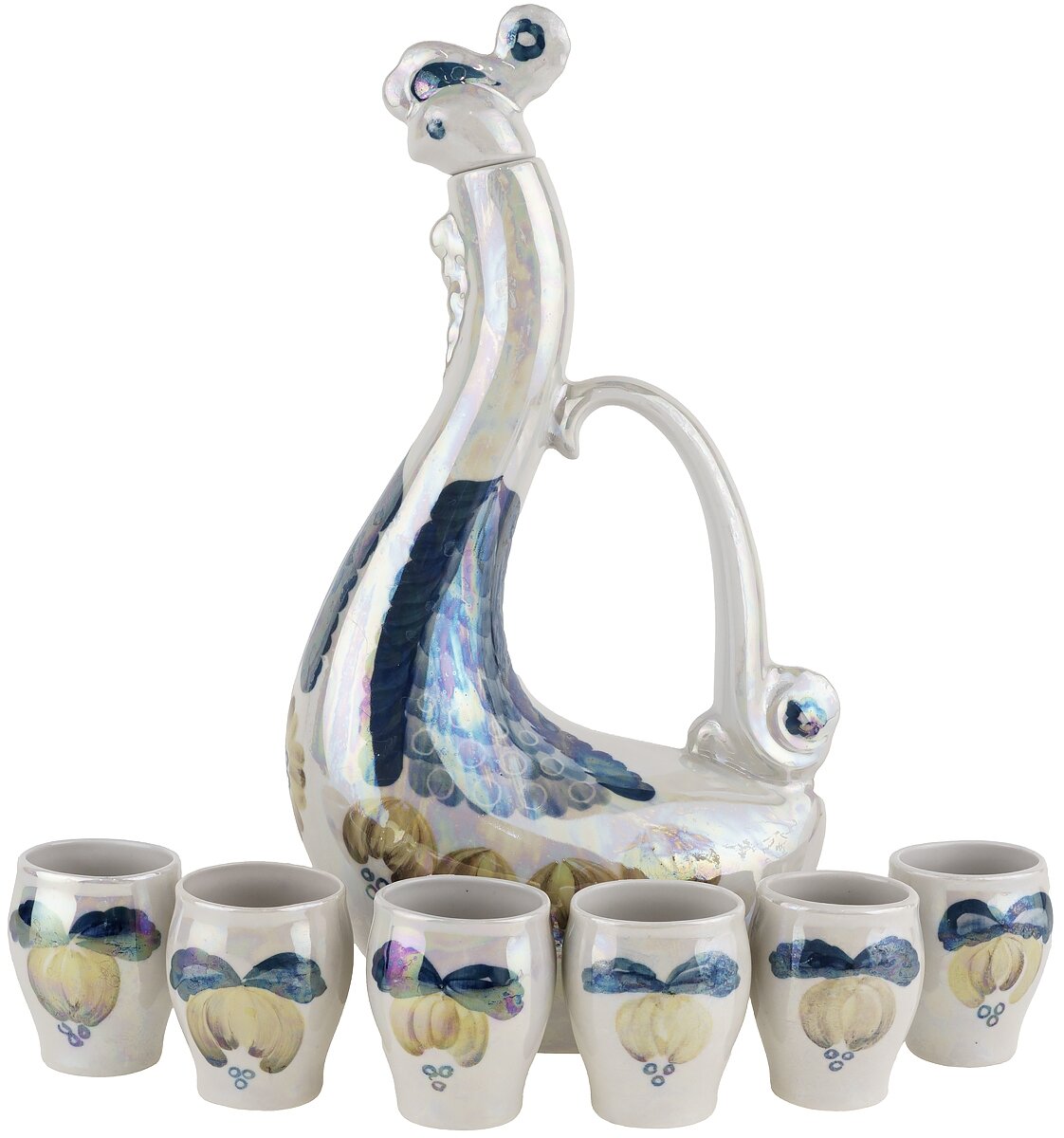 Графин - штоф "Павлин" и 6 стопок, Фарфор, СССР, Полонное ЗХК, вторая половина 20 века (с нюансом)