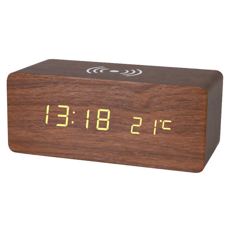 Горячая распродажаДеревянные будильники с LED-дисплеем, двойное отображение времени и температуры, деревянные часы с голосовым управлением, электронные часы с беспроводной зарядкой, прикроватные часы