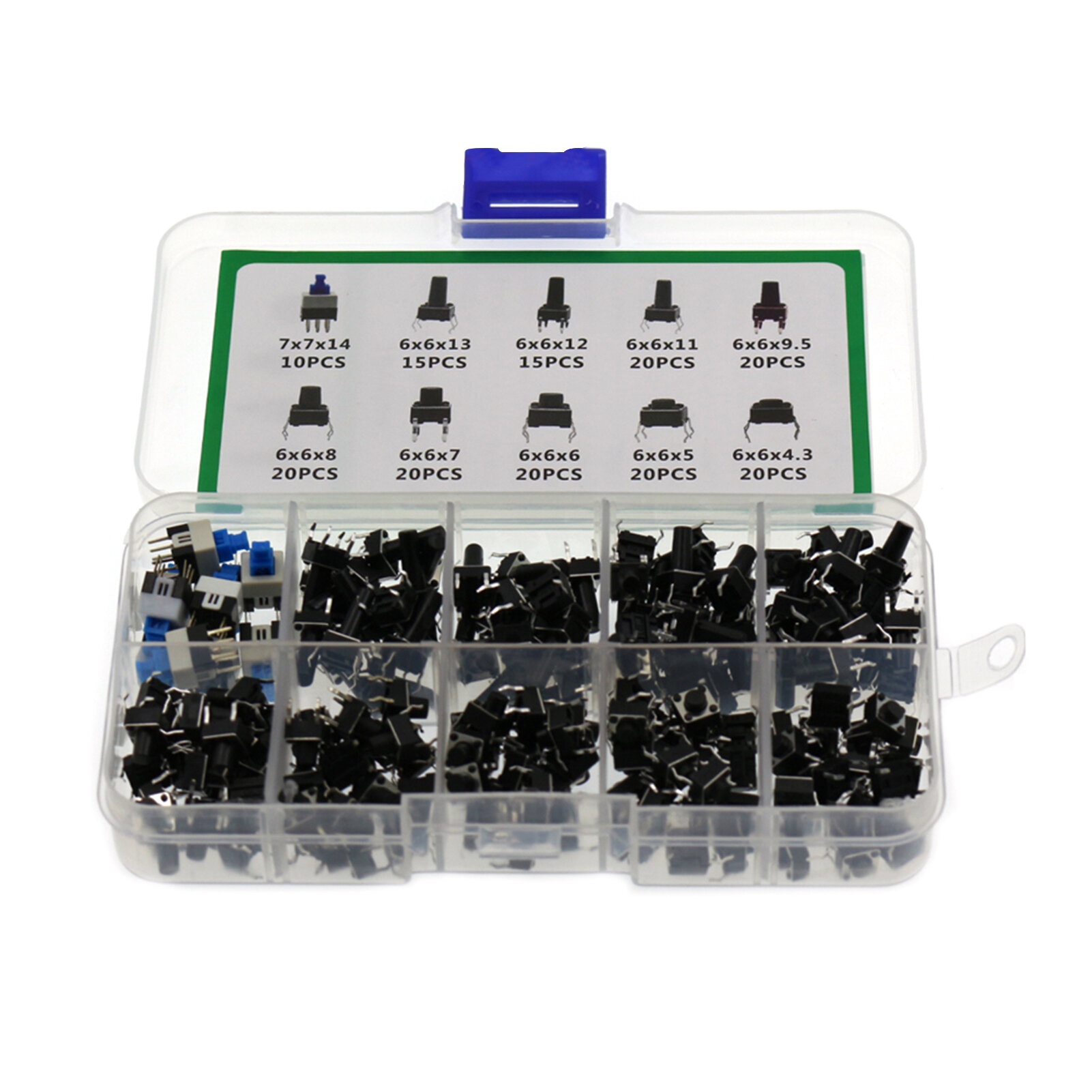 Комплект Переключателей: 180 Тактильных Кнопок 10 Размеров в Контейнере - Прочные Медные Контакты для Надежности в DIY Проектах Электроники