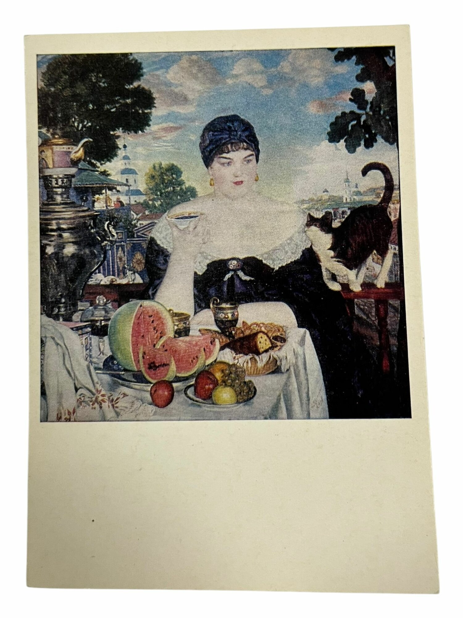 Советская почтовая открытка, Купчиха за чаем. Б. М. Кустодиев. Сделано в СССР.