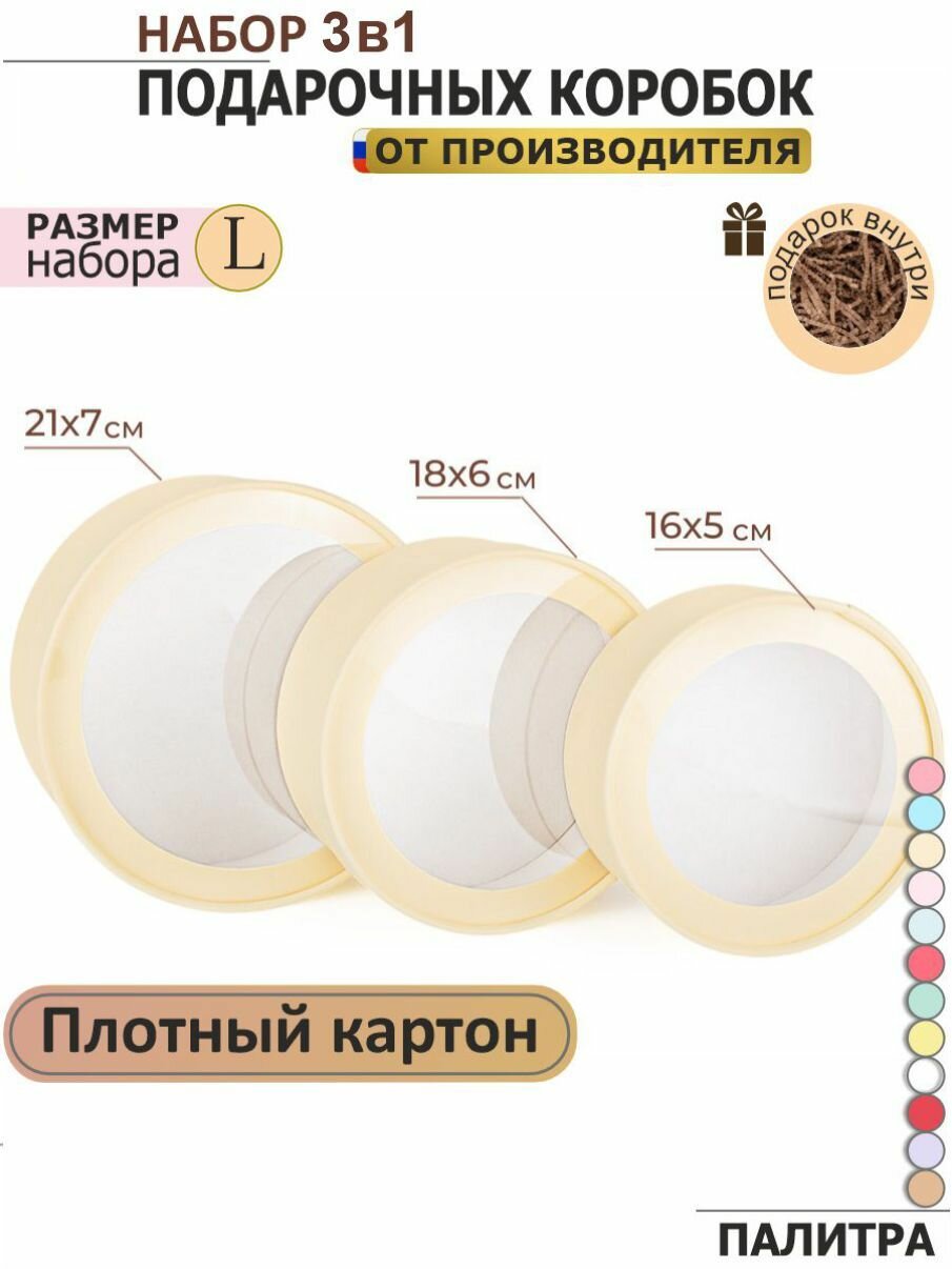 Круглая подарочная коробка с прозрачным окном с наполнителем для зефира и подарка, 3в1, кремовая, набор 3в1: 21х7 - 1шт, 18х6см - 1шт, 16х5см - 1шт