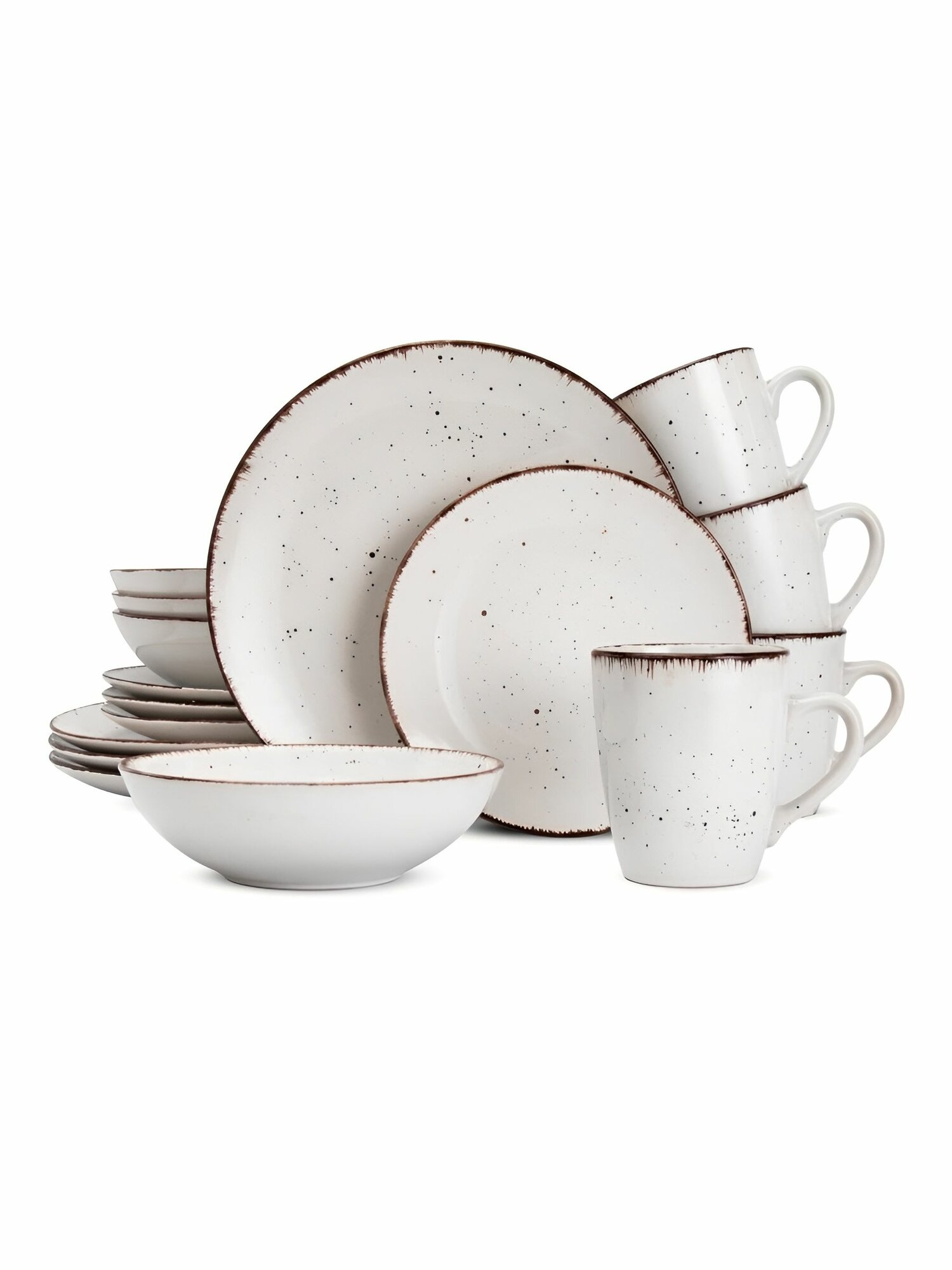 Набор Посуды. Современный Керамический Обеденный Столовый Сервиз Для 4 Персон Из 16 Предметов. Тарелки, Салатники, Кружки, Суповые Пиалы. Для Первых, Вторых Блюд, Салатов и Десертов.