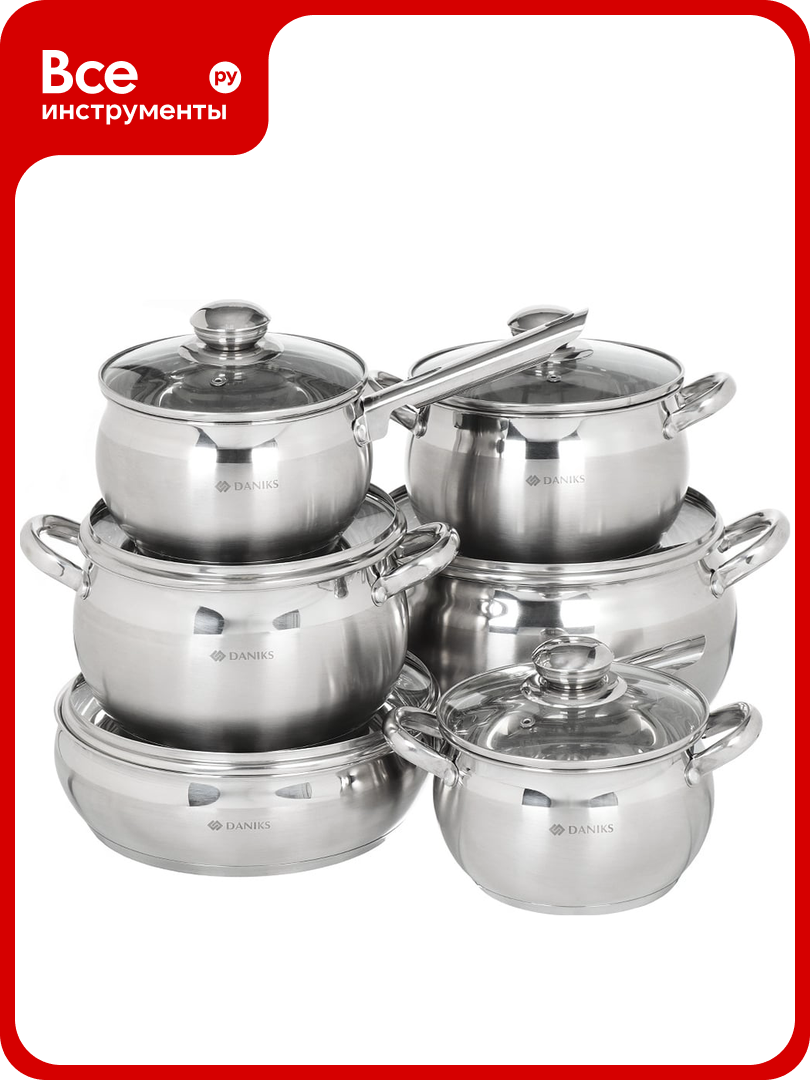 Набор посуды DANIKS нержавеющая сталь, 12 предметов, кастрюли 1.9, 2.9, 3.9, 6,5 л, ковш 1.9 л, сковорода 24 см, индукция, классика, sd-12 204075