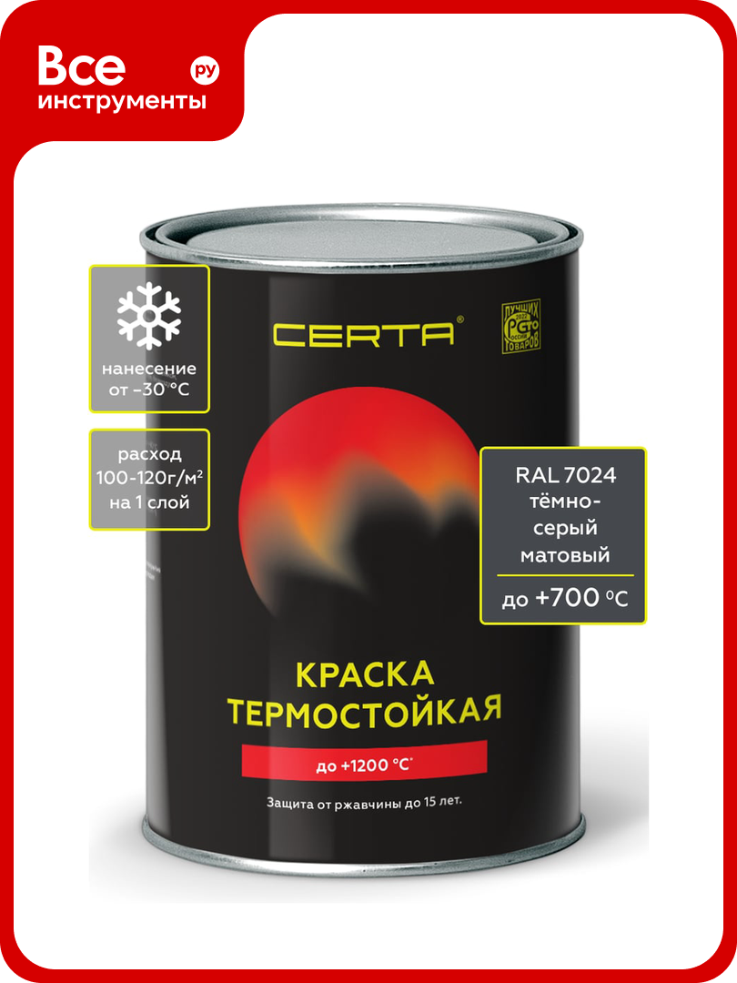 Краска термостойкая антикоррозионная Certa, темно‑серый RAL 7024, быстросохнущая, моющаяся, для бетона и металла