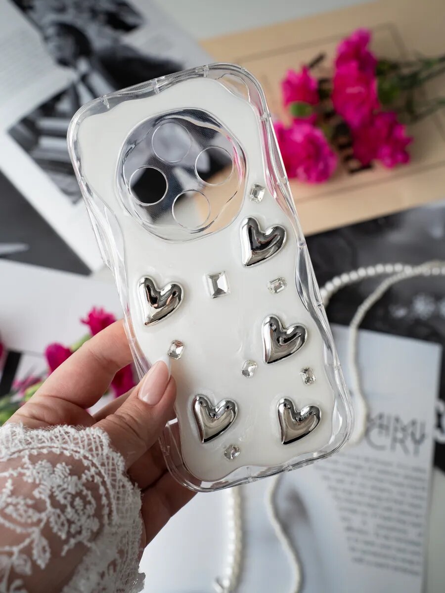 Чехол О'кейси, накладка на Tecno Spark 30C, с сердечками, белый/серебрист