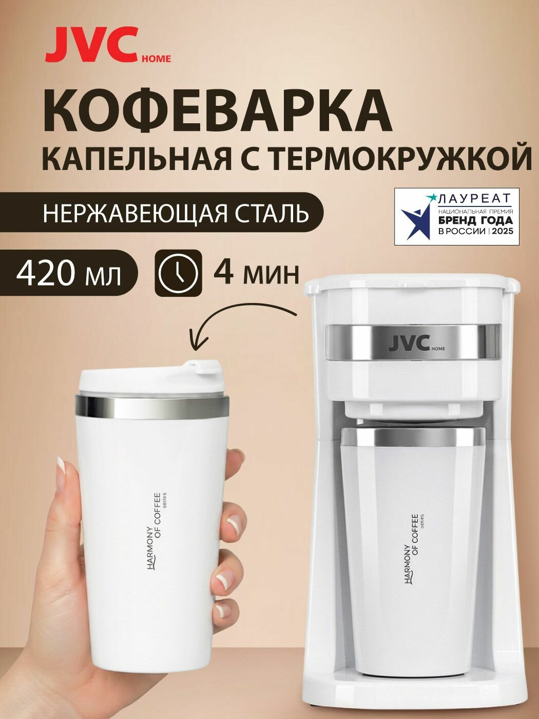 Кофеварка капельная электрическая JVC JK-CF1042 white с термокружкой 420 мл из нержавеющей стали