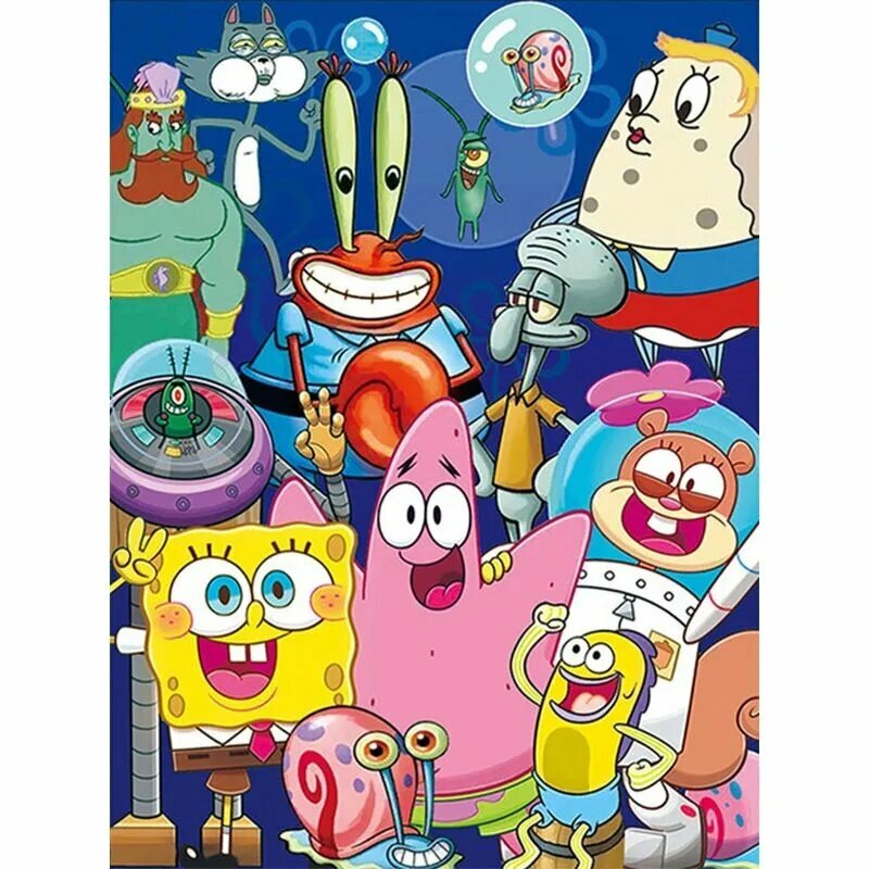 Алмазная мозаика "Губка Боб" / Алмазная вышивка / Круглая картина стразами Полная выкладка 50х40 см (без подрамника, без рамки)