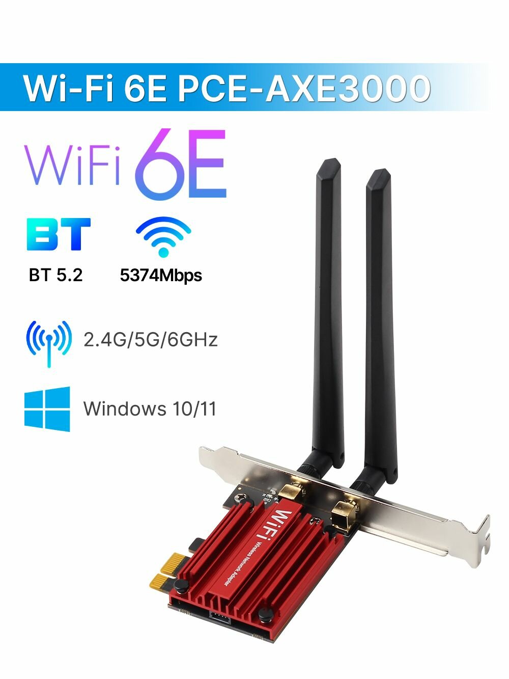 WiFi адаптер Intel AX210NGW (5374 Мбит/с) WiFi 6E Tri-Band 2.4/5/6 ГГц Bluetooth 5.3 PCI-E Для ПК Windows 10/11
