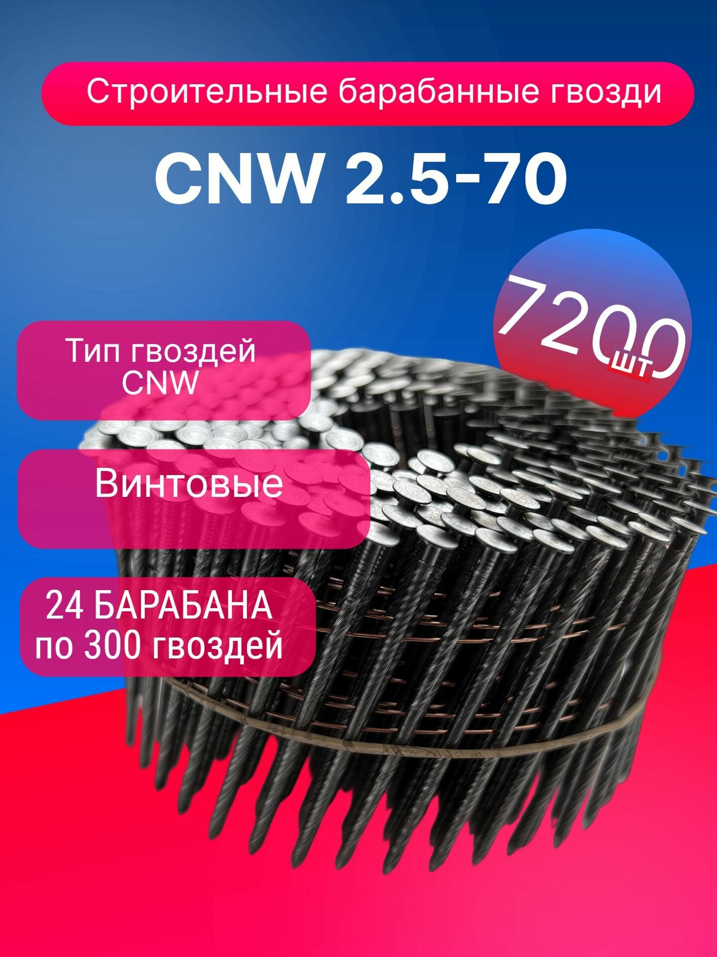 Гвозди винтовые в барабанах для нейлера 2.5 x 70 мм (7200 шт)