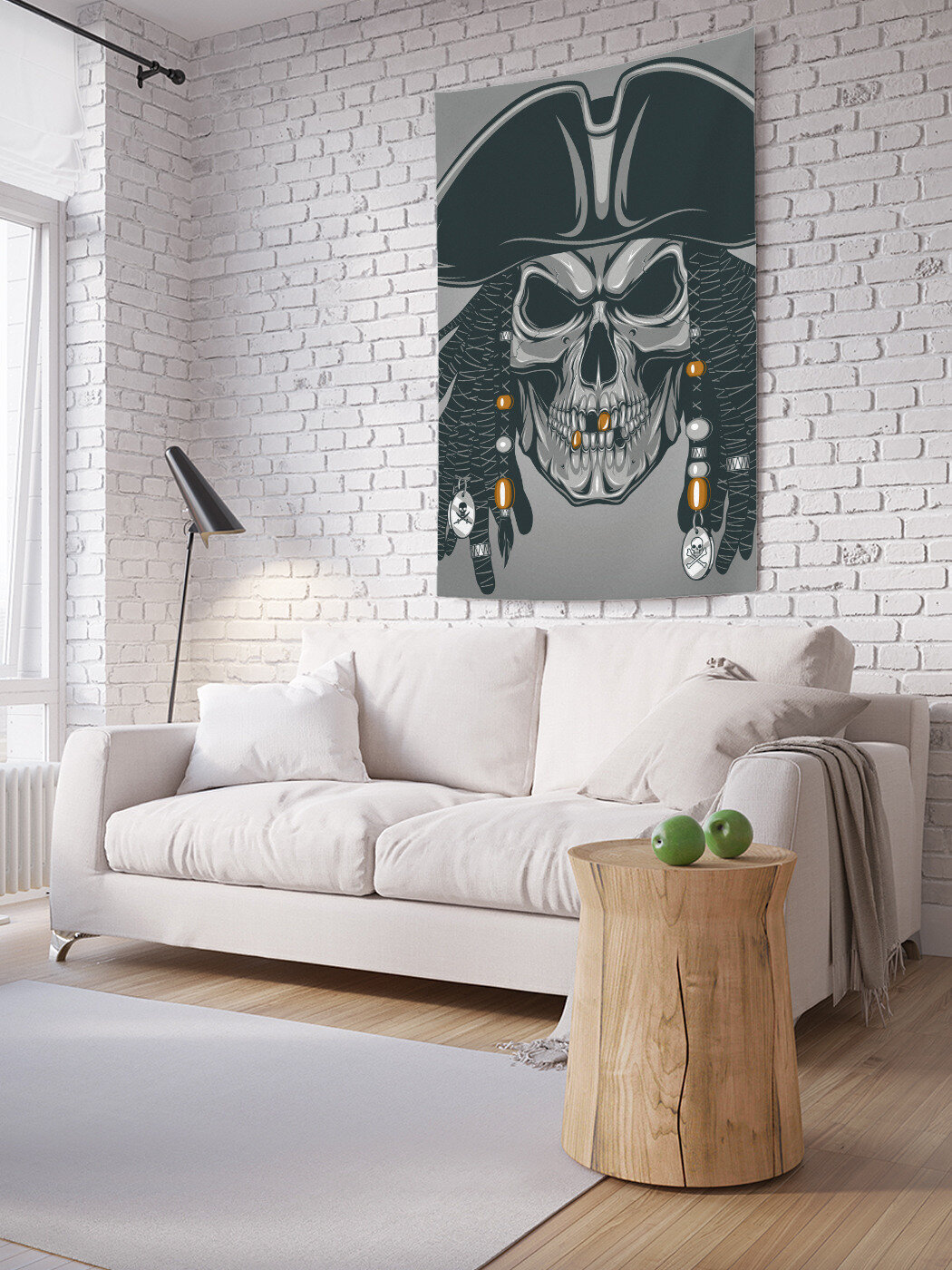 Фотопанно на стену вертикальный из ткани постер 100х150 "Череп пирата с дредами", JoyArty