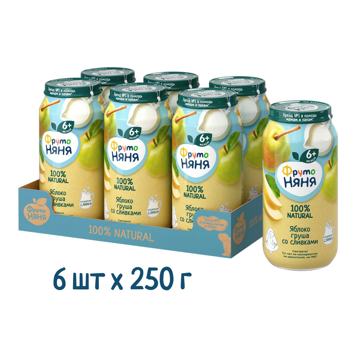 Пюре фруктовое ФрутоНяня яблоко, груша и сливки, 250 г х 6 шт