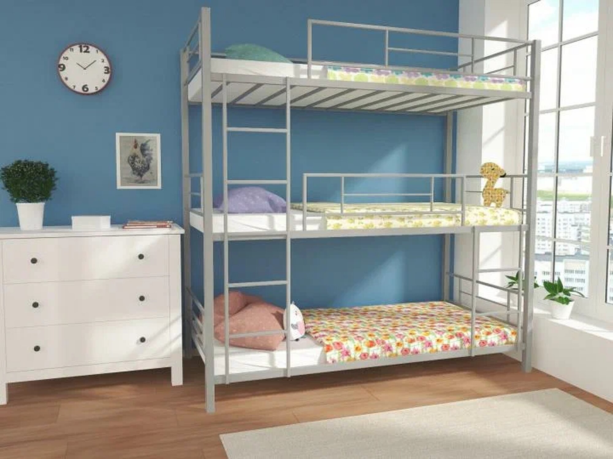 Трехъярусная кровать Мебель-Друг Валенсия, металл, серая, 80x190x220 см