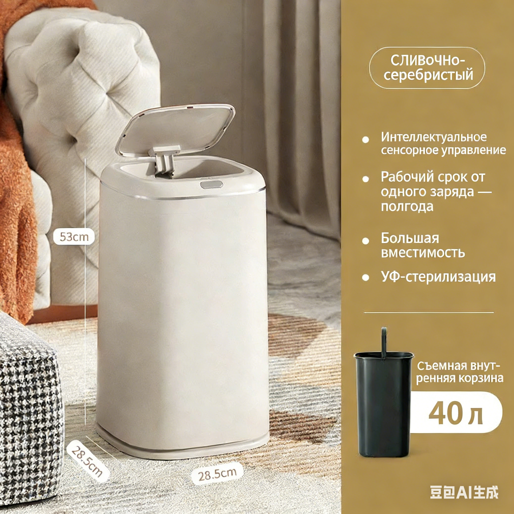Интеллектуальная мусорная урна 40л с УФ-стерилизацией, кремово-белое серебро, сенсорное открывание крышки