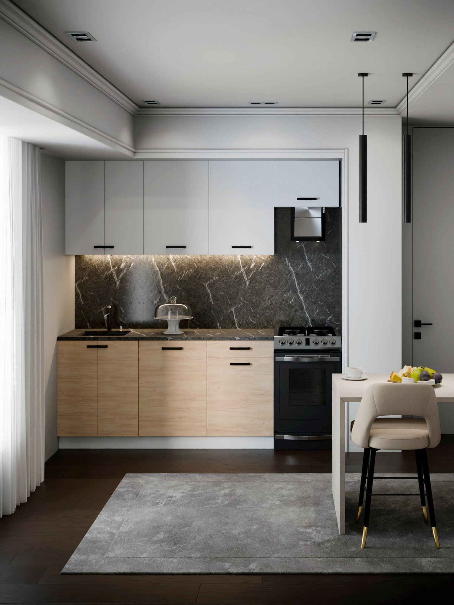 Кухня модульная прямая со столешницей Мария, 210 см, Белый гладкий/Дуб Вотан ЛДСП, 180 х 210 х 60 см, столешница 60 см.