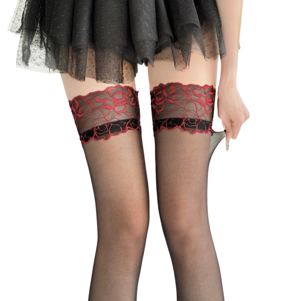 Сексуальные чулки с вышитыми камелиями-черные и красные-один размер