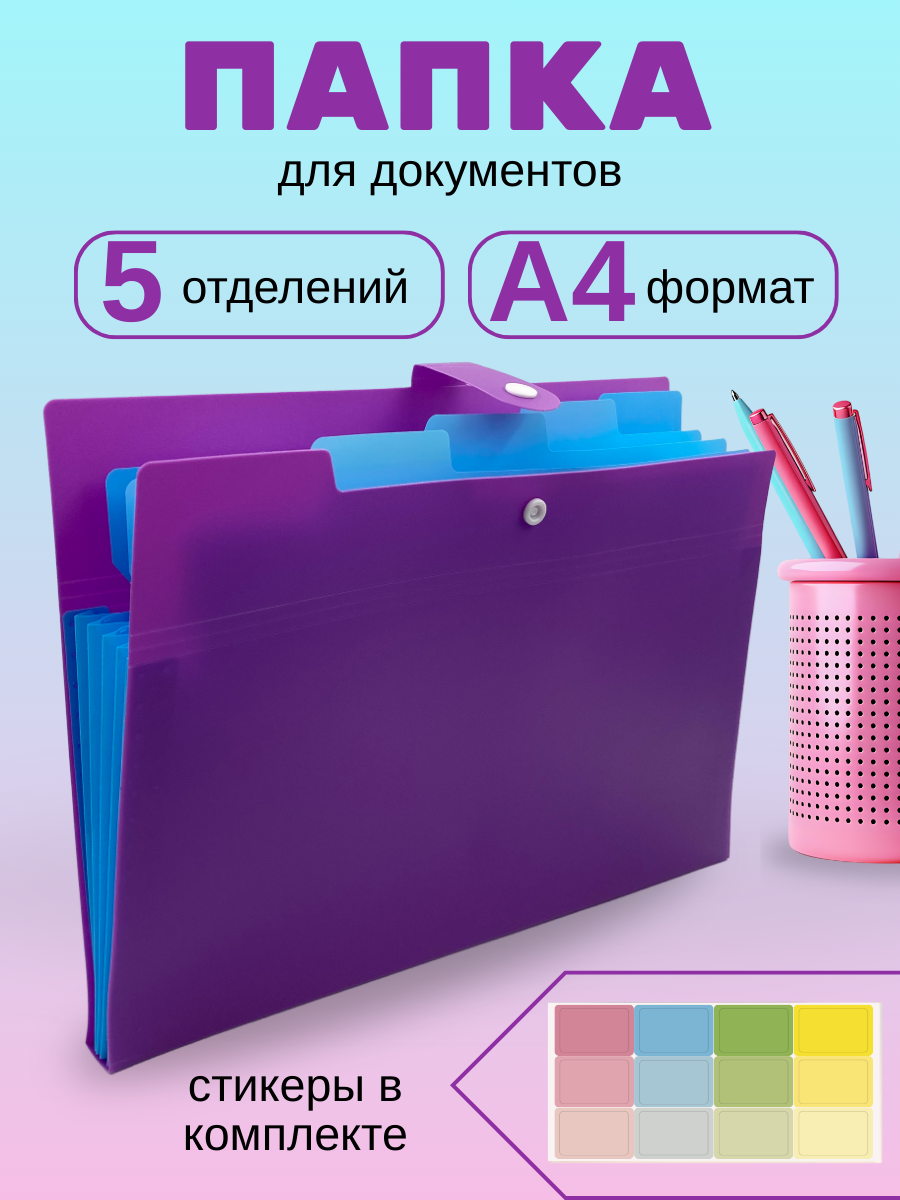 Папка для документов А4 AXLER, органайзер с разделителями, папка картотека сиреневая на кнопке