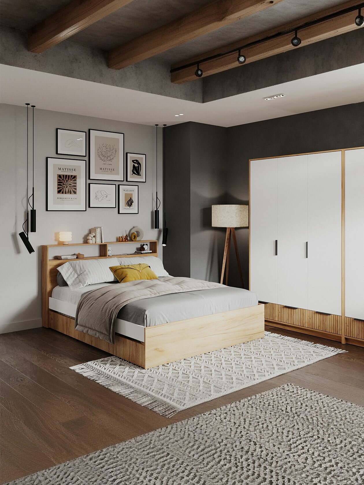 Двуспальная кровать Ивис 160х200 см, основание настил, с ящиком, Дуб Крафт золотой / Белый / Дуб Крафт золотой, фотопечать