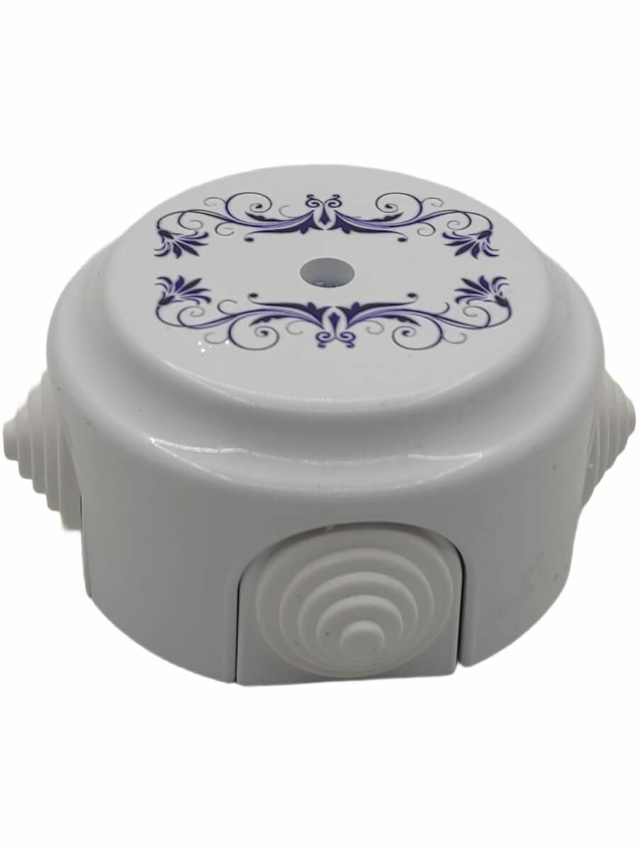 Распаячная коробка, пластиковая, цвет белый с синим декором, D-110 с сальниками