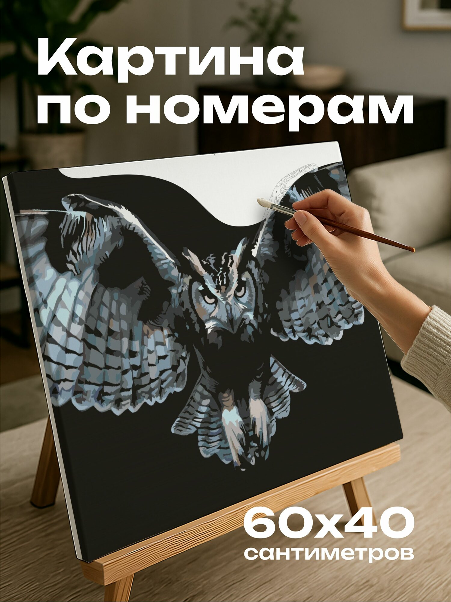 Картина по номерам 60x40 см, сова, полет, крылья, добыча, динамика, хищник, жертва, мощь, точность, природа, Nikon, ISO