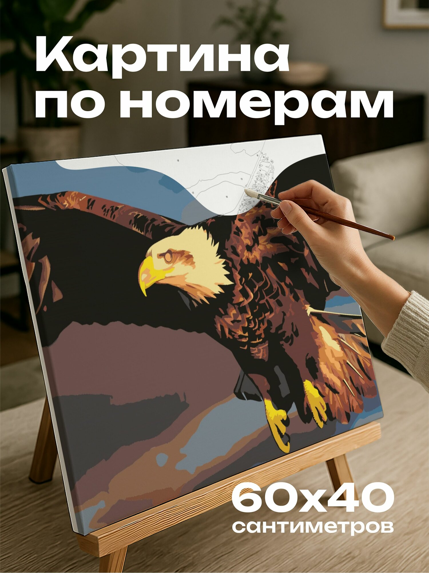 Картина по номерам 60x40 см, орел, белоголовый орлан, полет, крылья, небо, перья, узоры, текстуры, освещение
