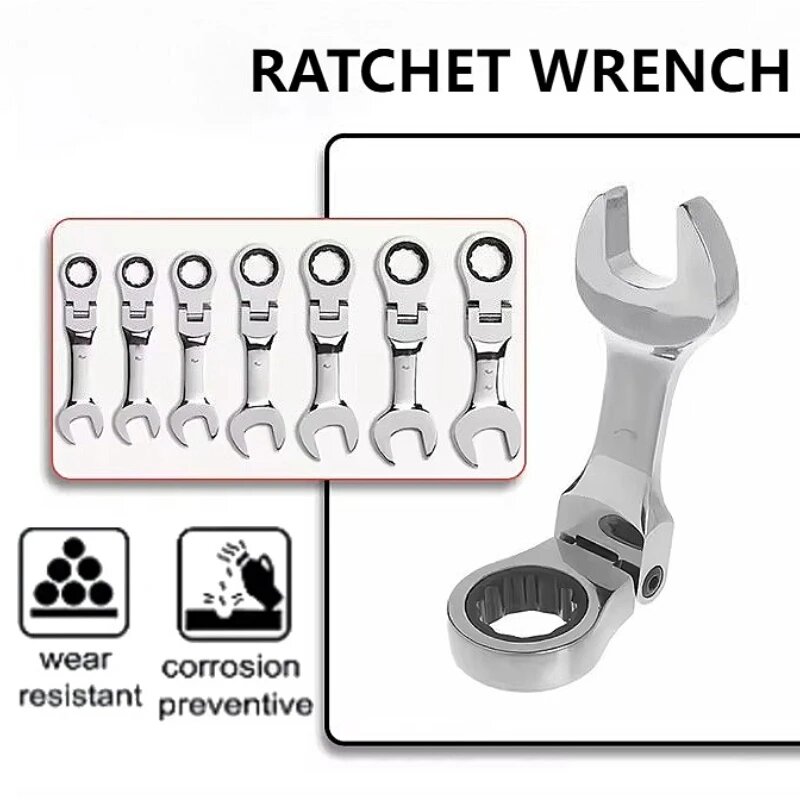 Гибкий Комбинированный Ключ С Вращающейся Головкой И Трещоткой, Короткая Рукоятка