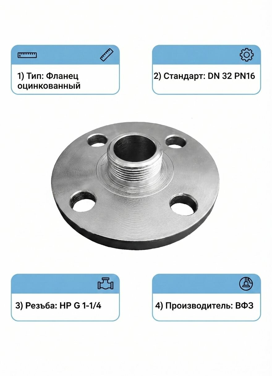 Фланец оцинкованный DN 32 PN16 с резьбовым хвостовиком (HP G 1-1/4) ВФЗ