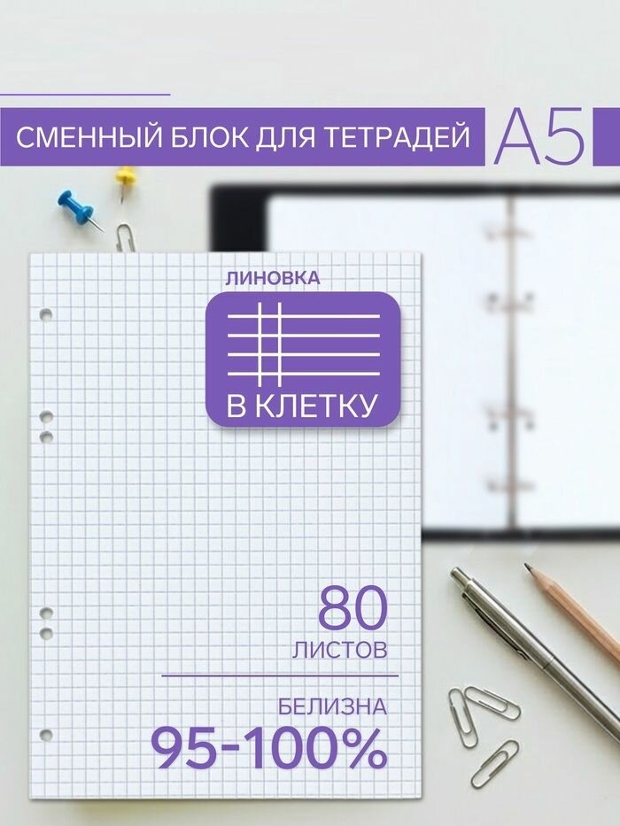 Набор сменных блоков для тетрадей 3 набора по 80 листов в клетку, на кольцах А5, белый, 60 г/м
