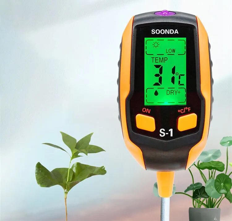 SOONDA S-1 Тестер почвы 4 в 1, для измерения влажности, температуры и освещенности почвы, пластиковая рукоятка, желтый — фото 1