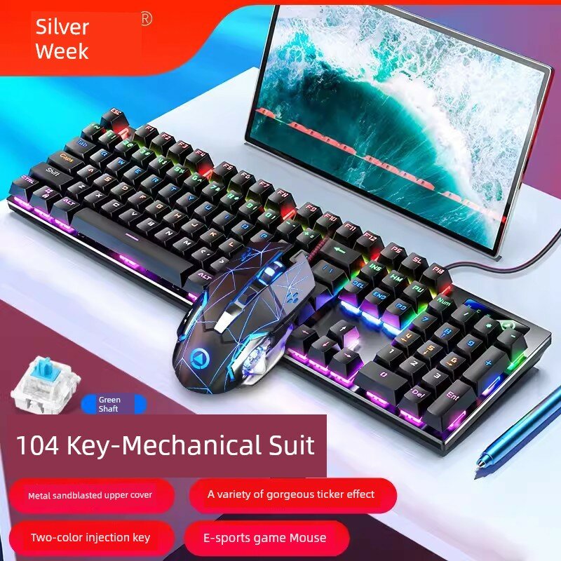 Черная механическая клавиатура с переключателем Cherry MX Blue и металлической панелью, комплект клавиатура и мышь для