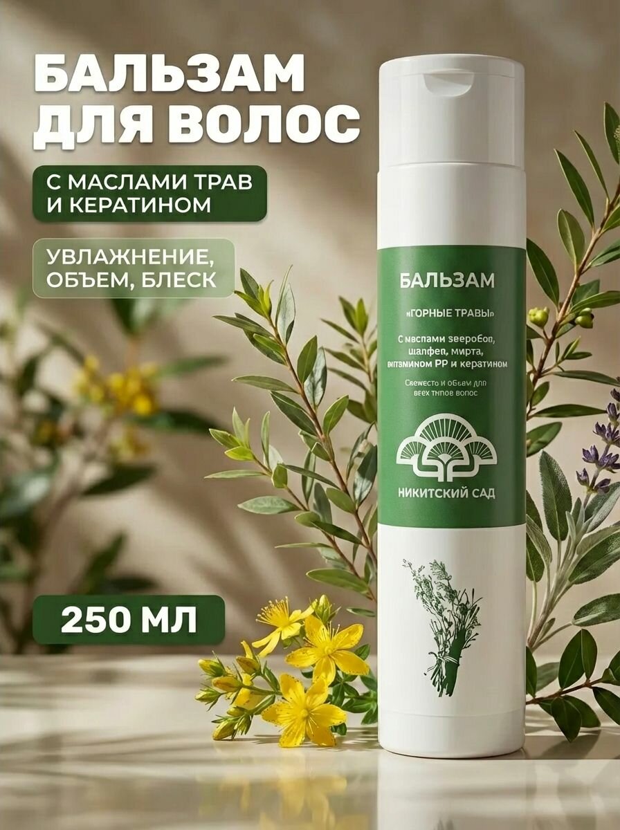 Бальзам для волос Горные травы с маслами зверобоя шалфея и мирта для всех типов волос, 250 мл