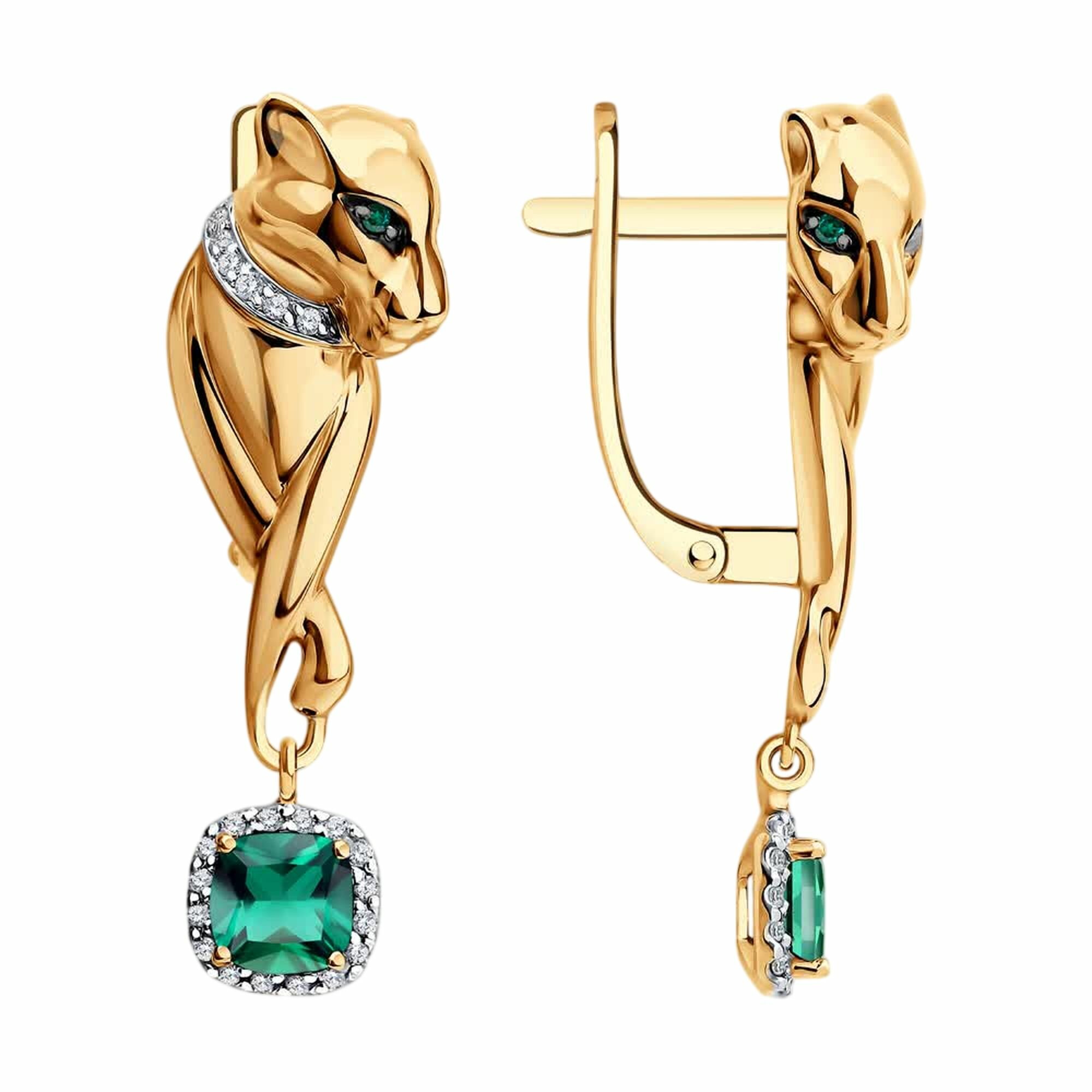 Серьги, красное золото, 585 проба, изумруд синтетический, бриллиант