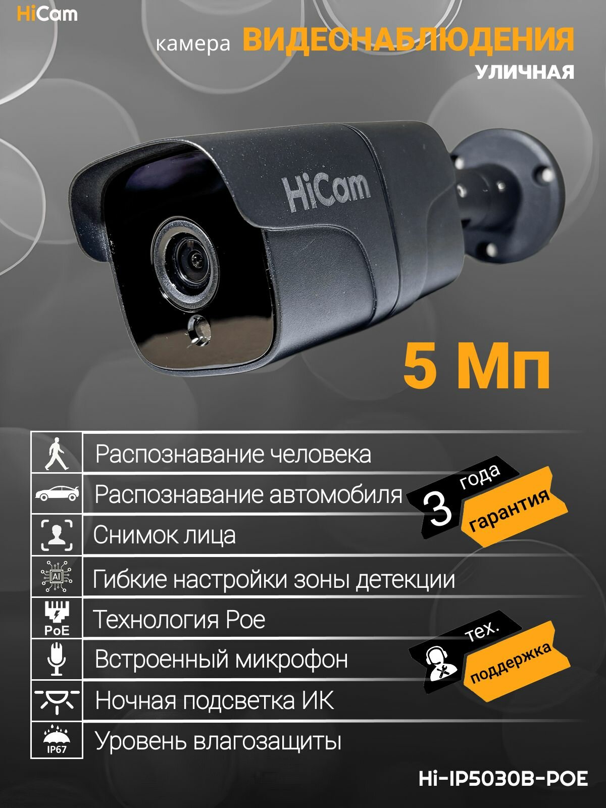 Камера видеонаблюдения IP Hi_Cam 5Мп, с микрофоном, распознавание человека