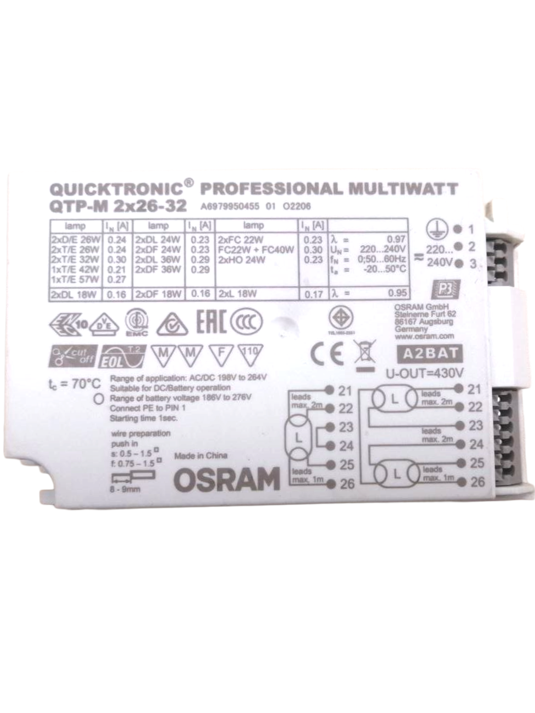 ЭПРА Osram QTP-M 2x26-32 S мультиваттный, для двух люминесцентных ламп, электронный, пластиковый корпус