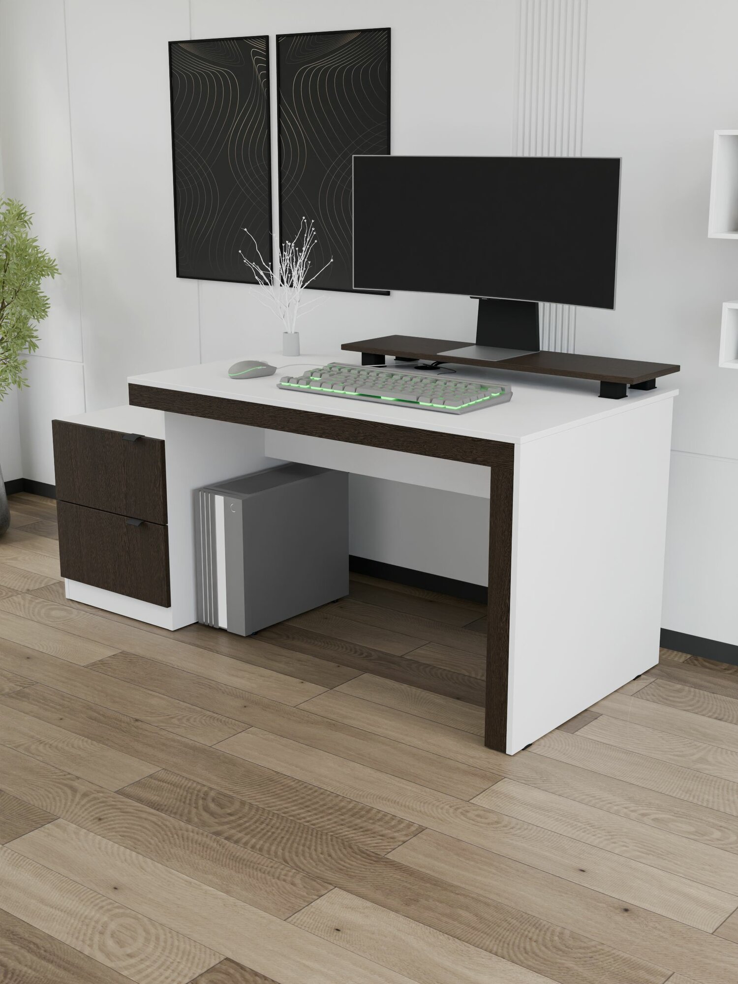 Изумлит Стол компьютерный для офиса и дома Вертикаль Компакт Лайт 165х73х74.5 см, тумба слева, белый-венге