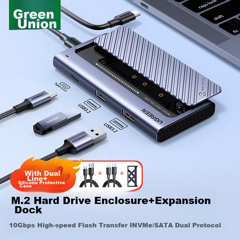 Lulian M.2 Hard Drive Enclosure Expansion Dock, NVMe/SATA Dual Protocol Portable Hard Drive Enclosure Splitter Four-In Type-C/USB3.2, Compatible with Apple 16/Macmini External