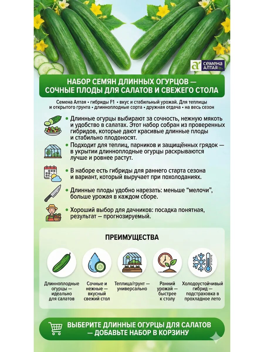 Набор семян огурцов длинных сортов, 3 сорта, бренда семена Алтая — фото 1