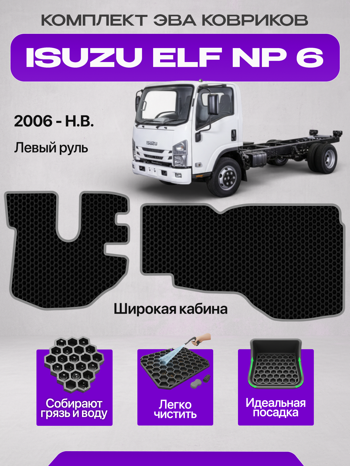 Передние коврики для ISUZU ELF NP 6 2006-н. в. Широкая кабина, Левый руль, черный с серым кантом(Исузу Эльф(Элф) кузов NP, NQ 6 и Рестайлинг, Широкая кабина) Ева, Eva