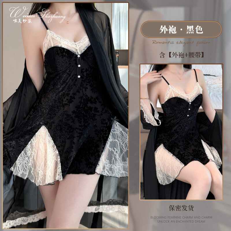 Элегантная и нежная соблазнительная бархатная ночная одежда, ночная сорочка с глубоким V-образным вырезом и встроенными чашечками, сексуальная ночная сорочка с открытой спиной и комплект халата.