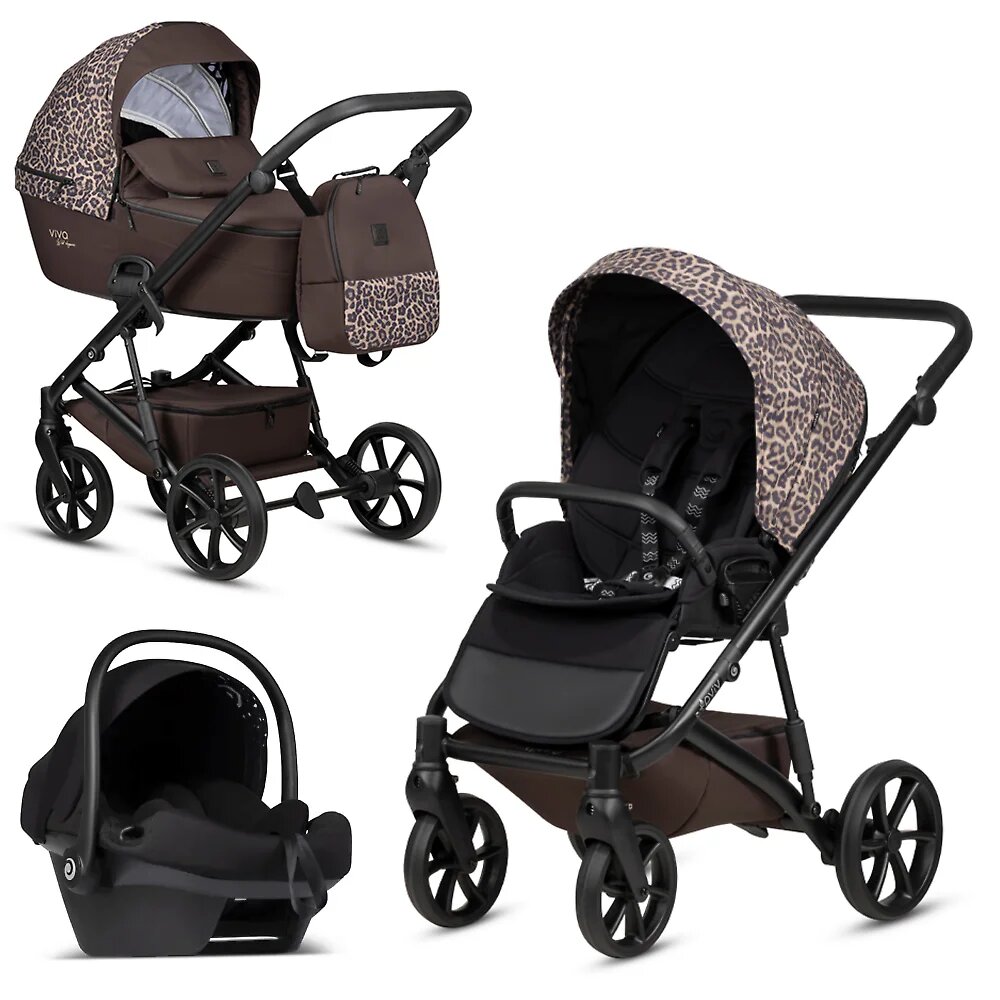 Детская коляска 3в1 Tutis Viva 6+, Elo Lux Edu Sky, цвет Wild Mocca / Wild Elegance (Леопардовый / Коричневый)