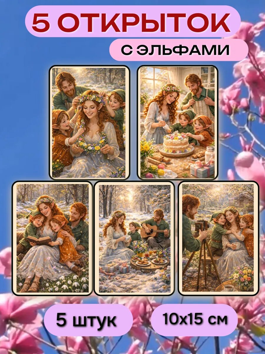 Набор открыток 8 марта маме с эльфами 5 шт 10х15 см