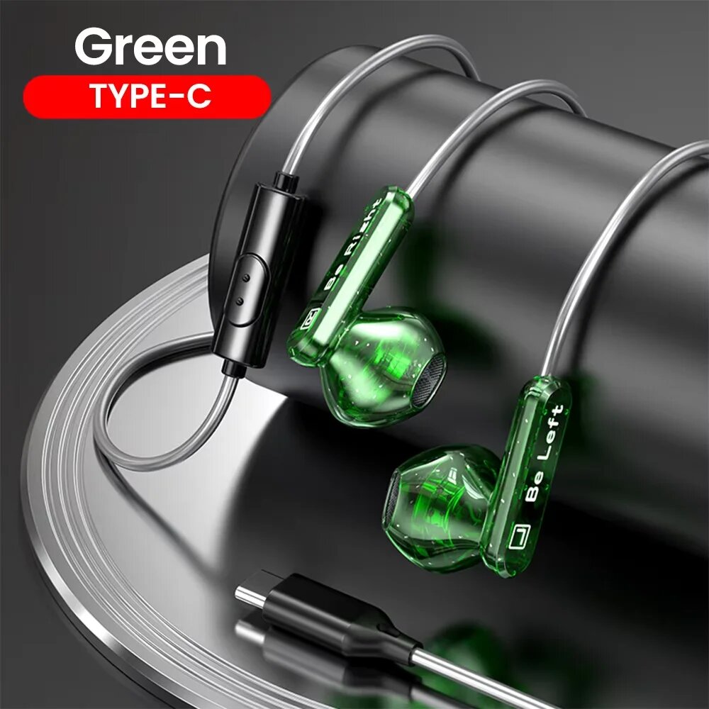 Проводные наушники Type-C Green для Samsung, Huawei, Xiaomi