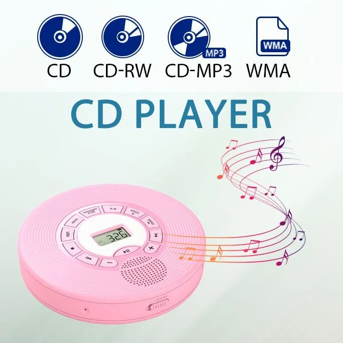 Многофункциональный портативный CD-плеер для дома и путешествий. Поддержка CD-RW, CD-MP3, WMA, FM-трансмиттер