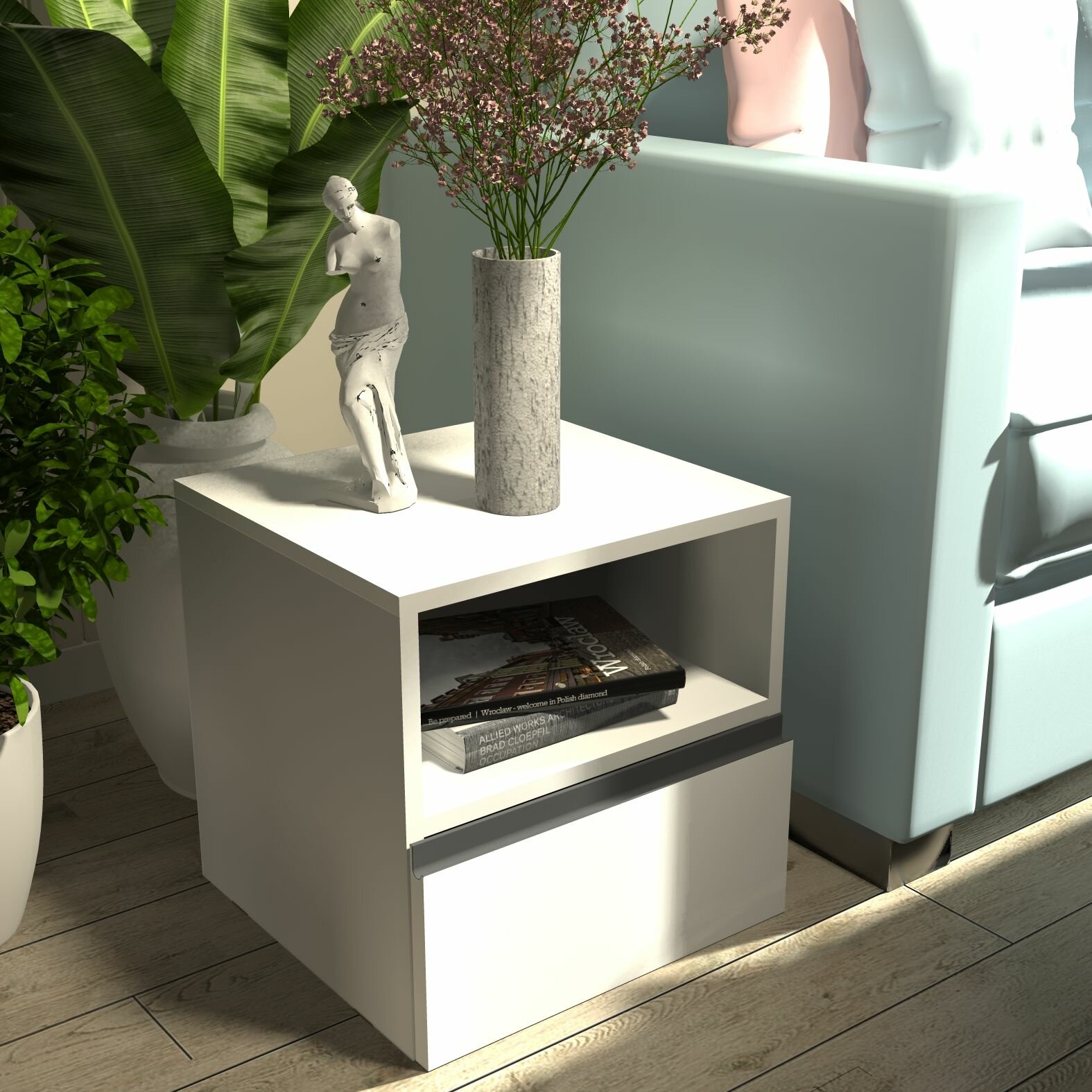 Тумба прикроватная Моё Кредо, белая, с интегрированной ручкой Графит, 1 ящика, ЛДСП, шириной 40 см