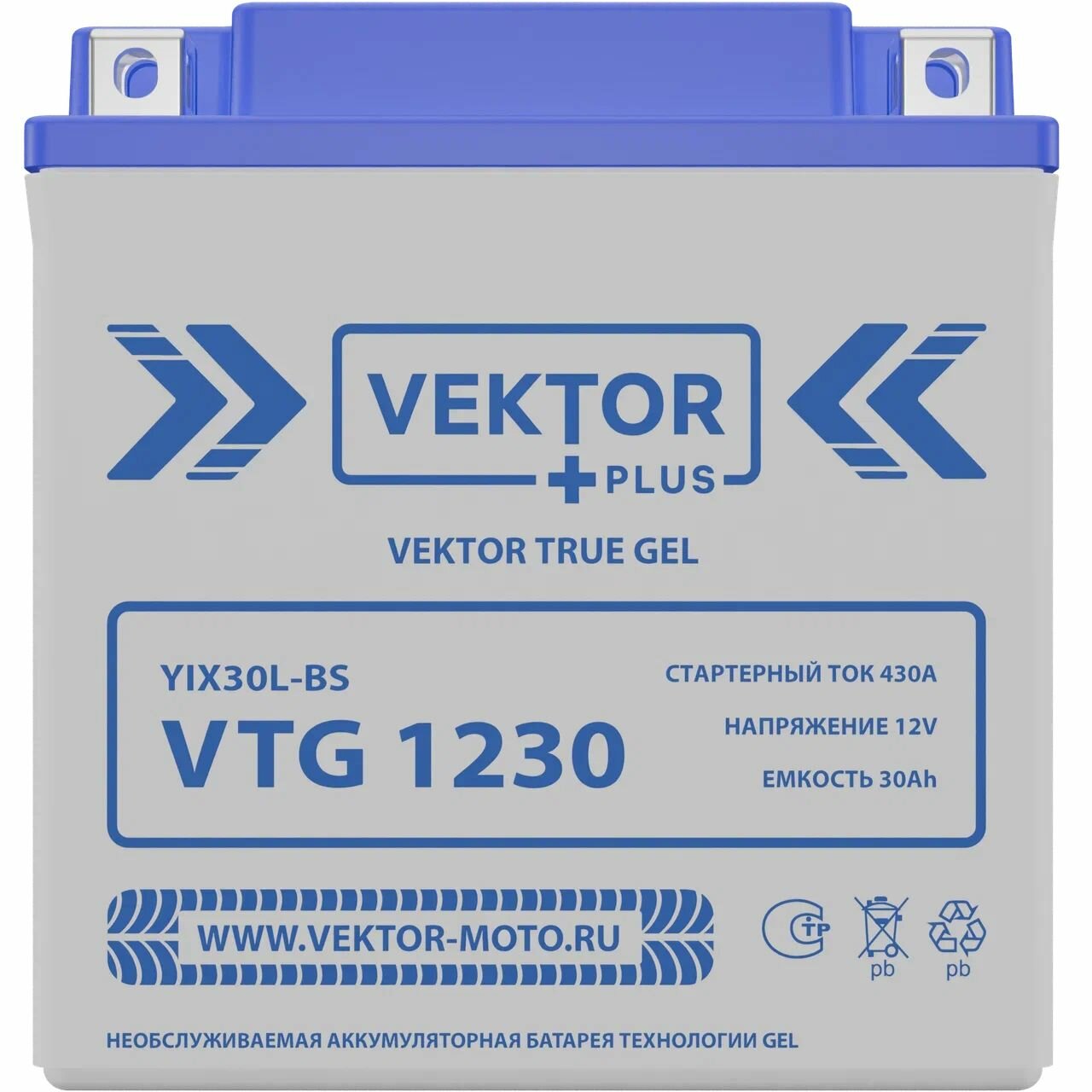 Мото аккумулятор гелевый Vektor 1230 12В 30Ач обратная полярность 430А (12V 30Ah) (YTX30HL-BS; YTX30L-B) гелевый GEL