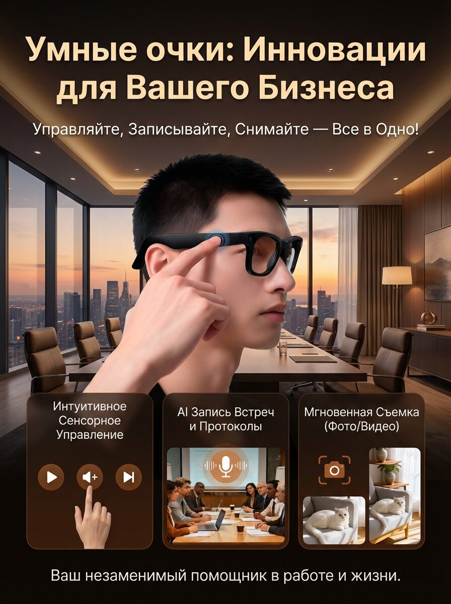 Умные очки AI Smart с камерой и микрофоном, стильные и солнцезащитные черный